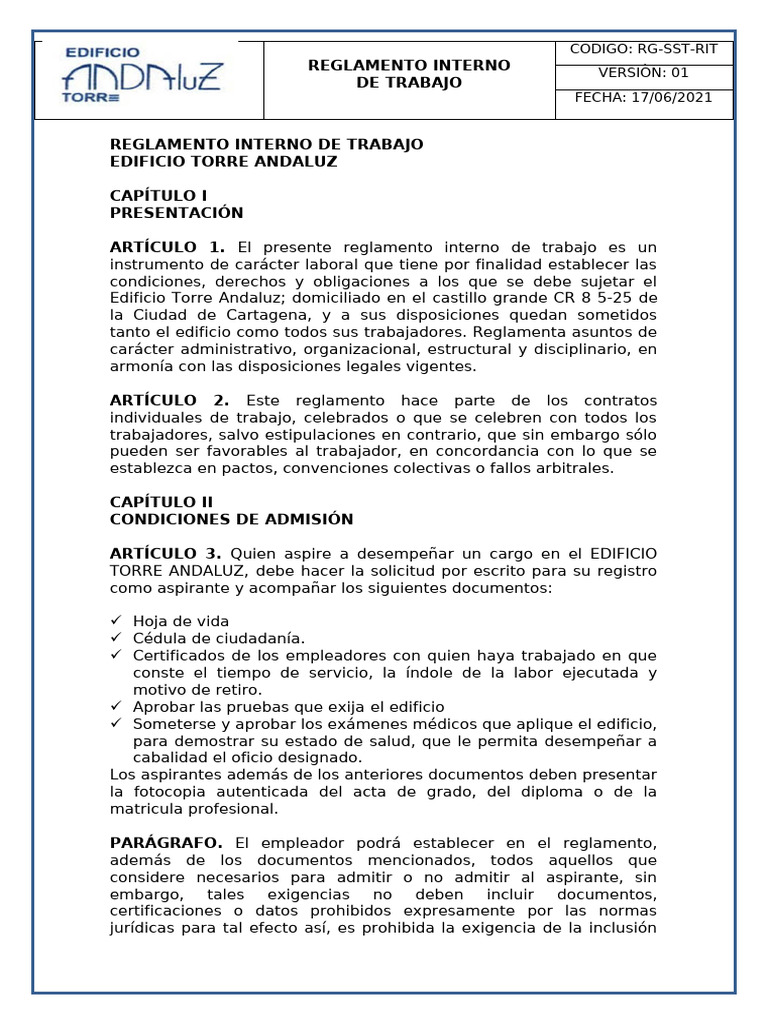 Reglamento Interno de Trabajo Torre Andaluz | PDF | Salario | Derecho ...