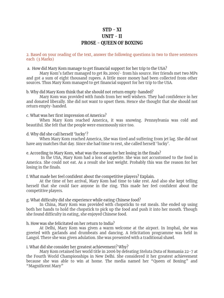 STD - Xi CD Unit - Iii Prose-Queen of Boxing - Notes | PDF