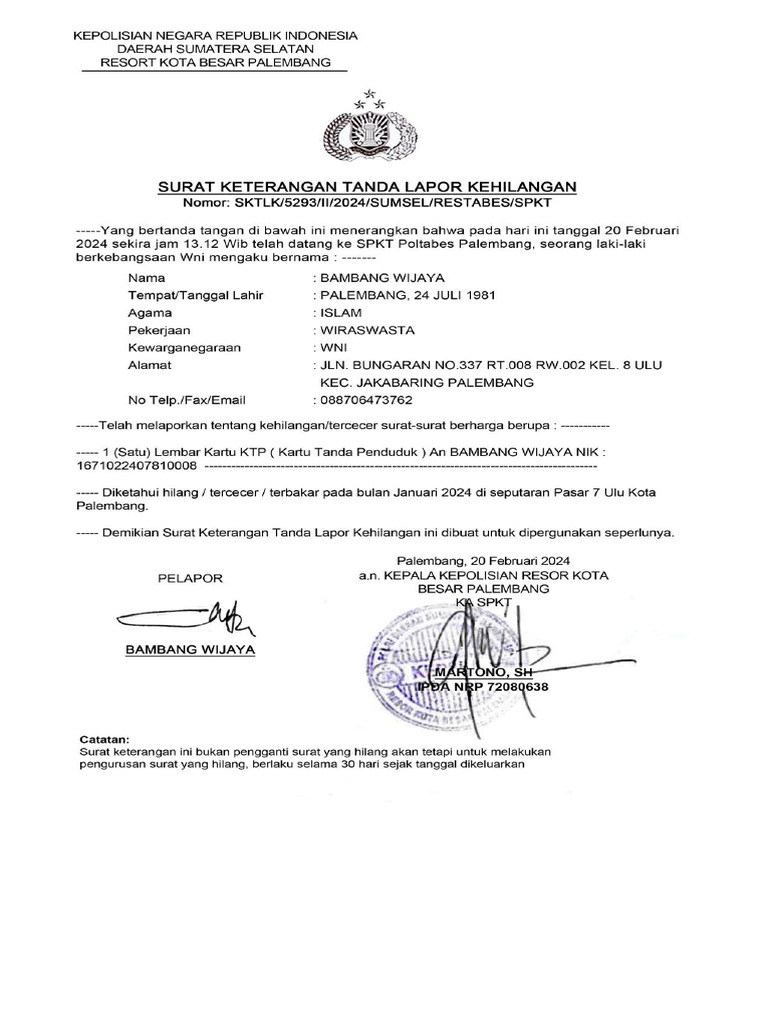 Surat Keterangan Kehilangan Barang | PDF