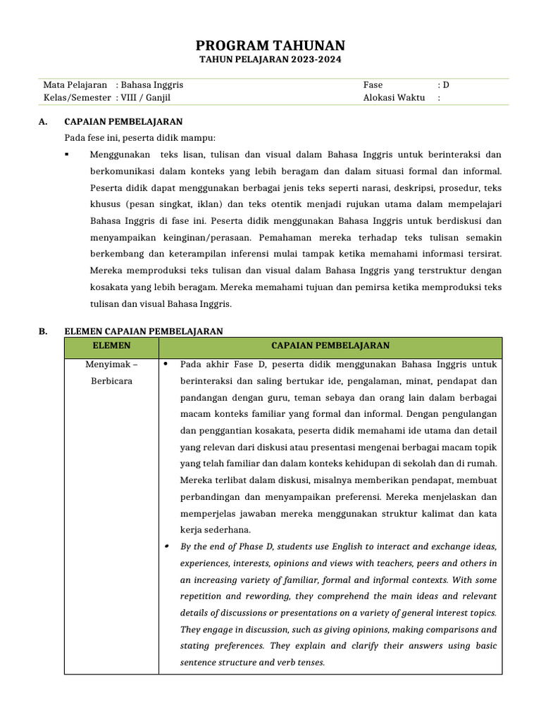 Program - Tahunan. Kelas 8 Kumer | PDF | Kajian Bahasa Asing