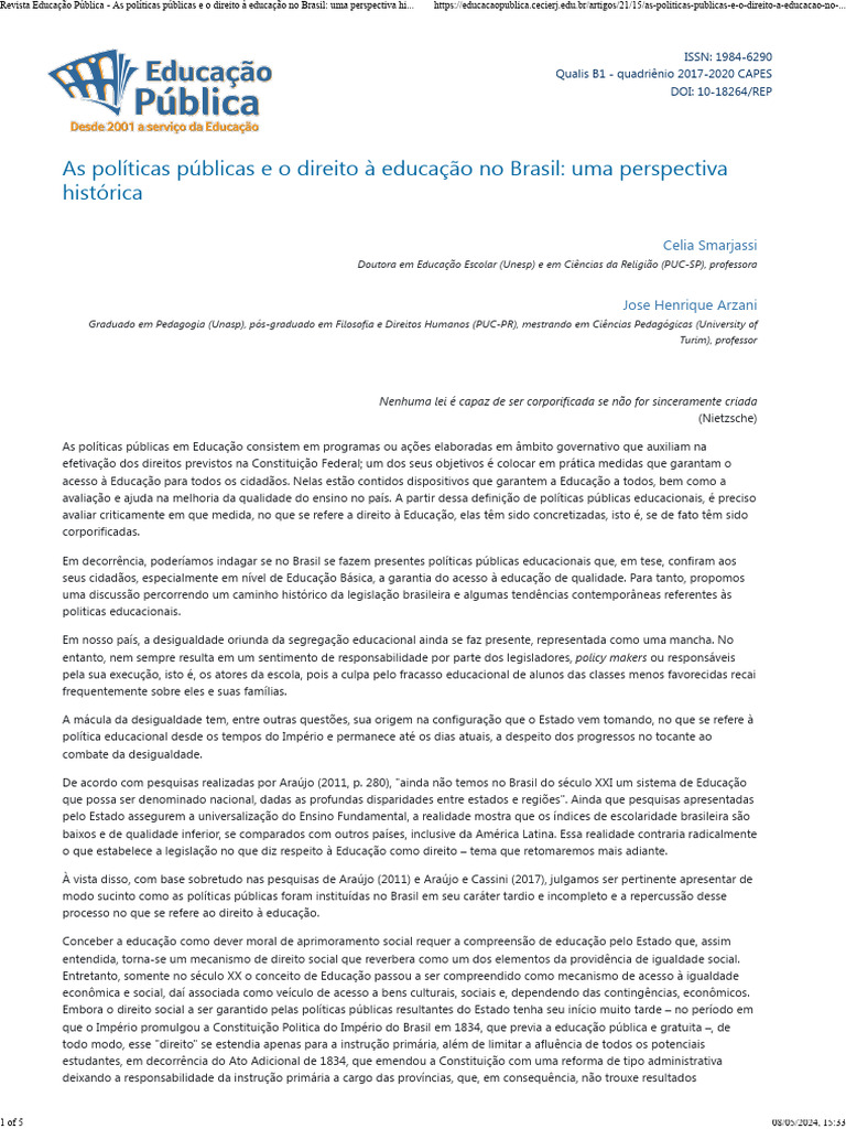 Revista Educa o P Blica As Pol Ticas P Blicas e o Direito Educa o No Brasil Uma Perspectiva Hist ...
