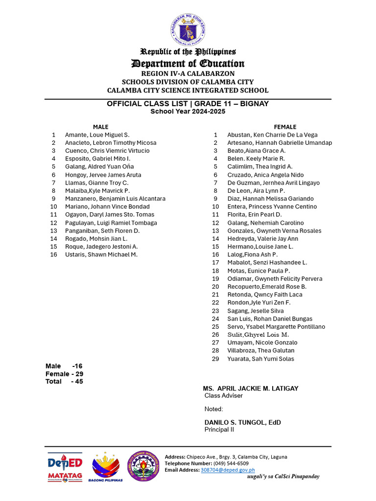 Official Class List of Grade 11 Sy 2024 2025 | PDF