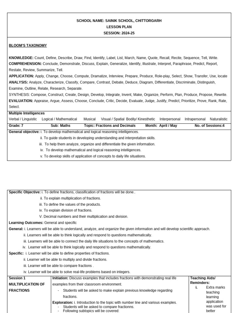 LP class-VII Ch-2 Lesson Plan | PDF | Learning | Multiplication