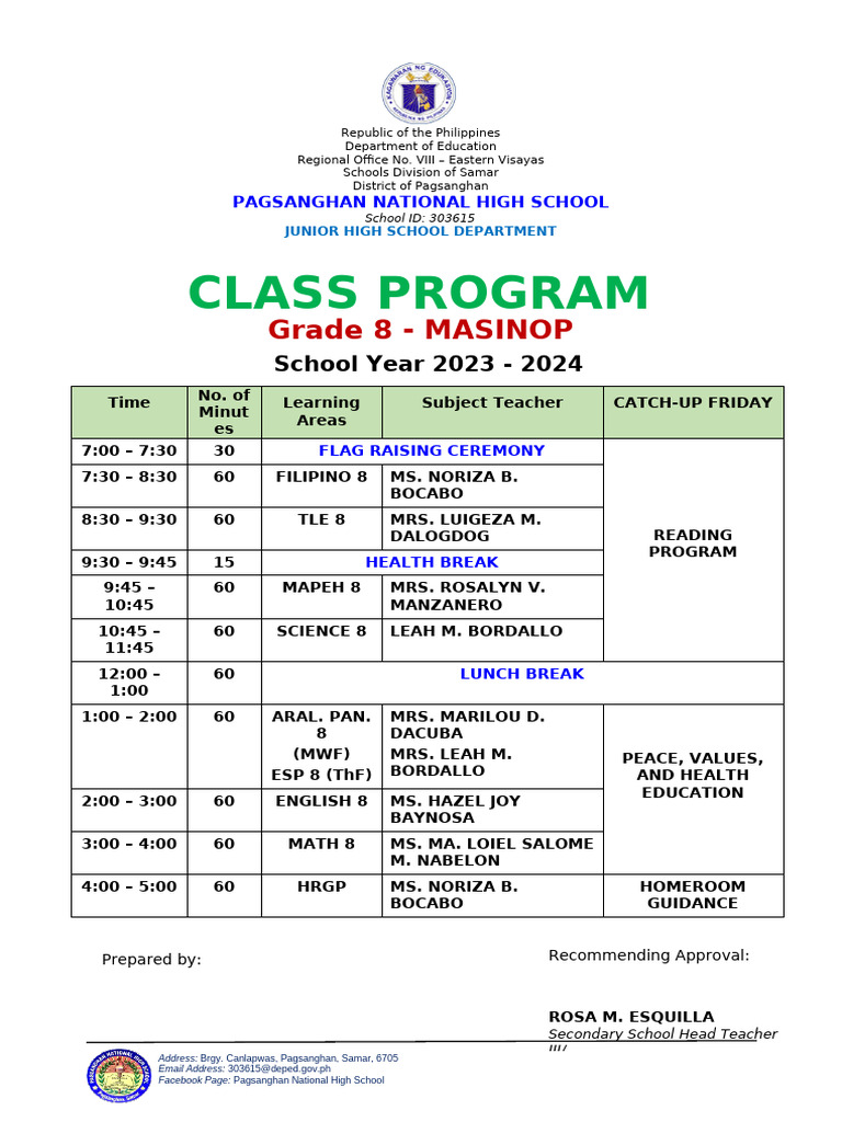 Class & Teacher's Program (2023-2024) | PDF | Schools | Educational Stages
