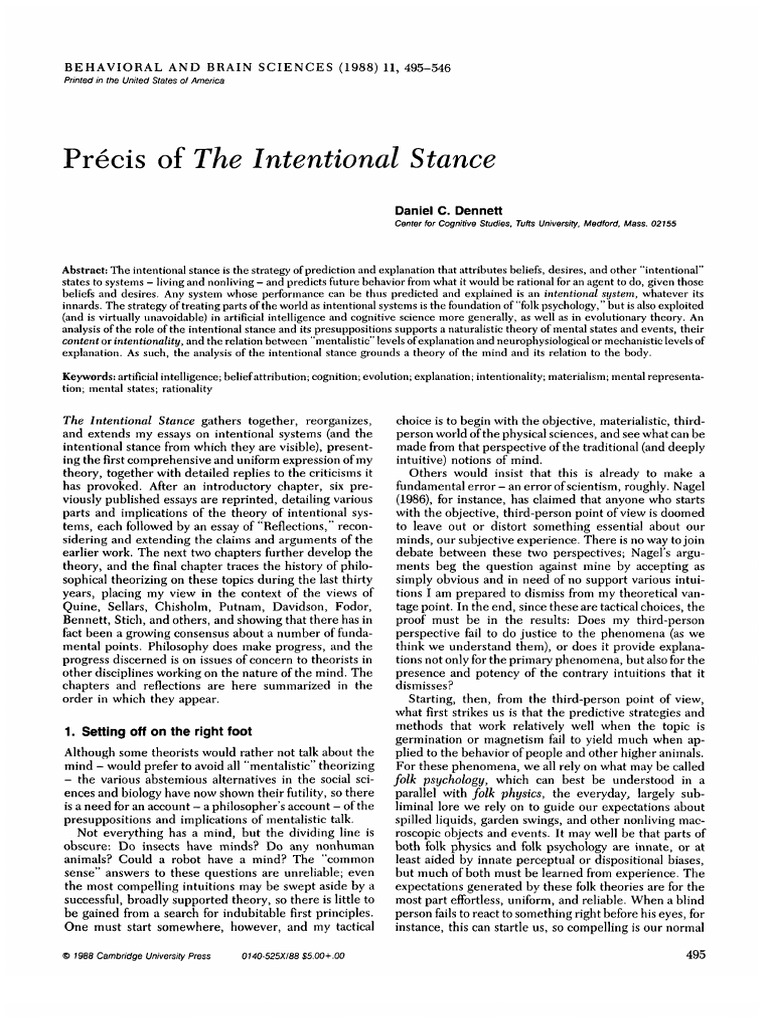 Dennett, 1988 - Précis of The Intentional Stance (Ver Dummett) | PDF ...