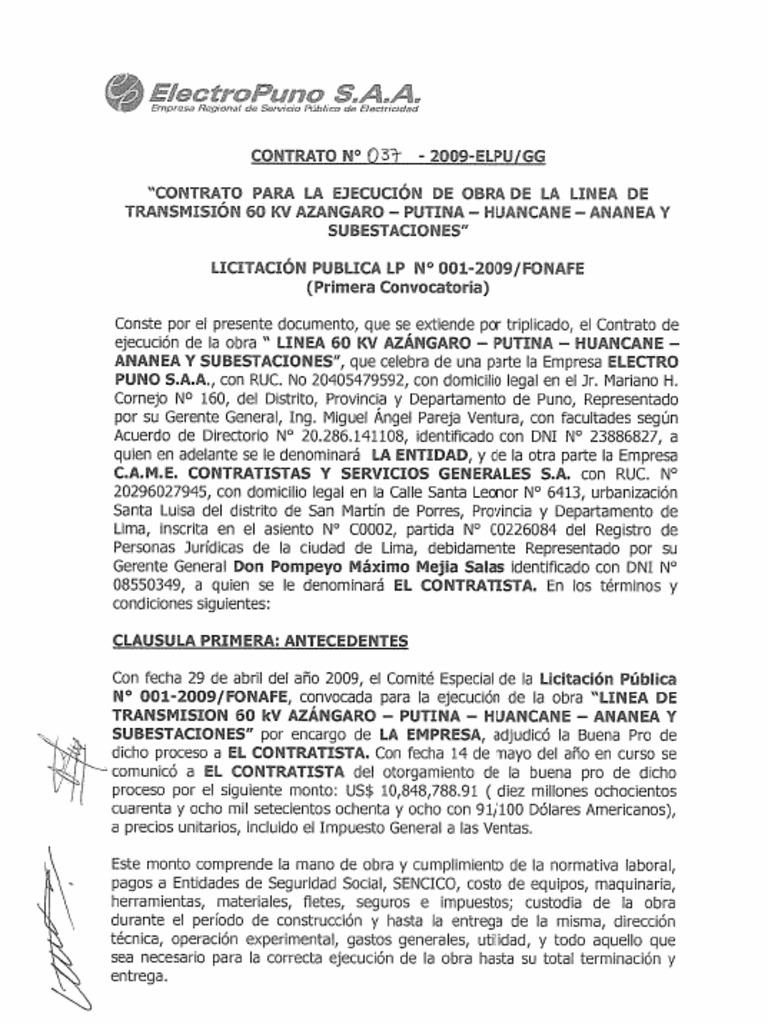 Contrato Electro Puno SAA | PDF