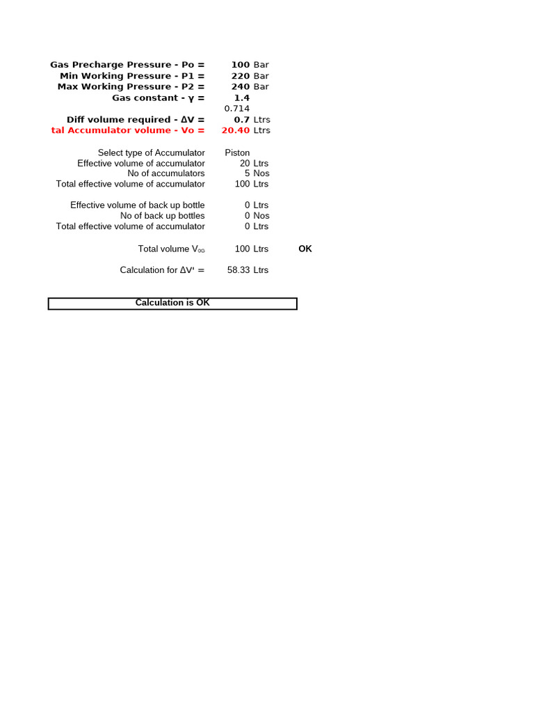 Hydraulics - Calculation - Sheet - Accumulator - Hydro-Pneumatic | PDF