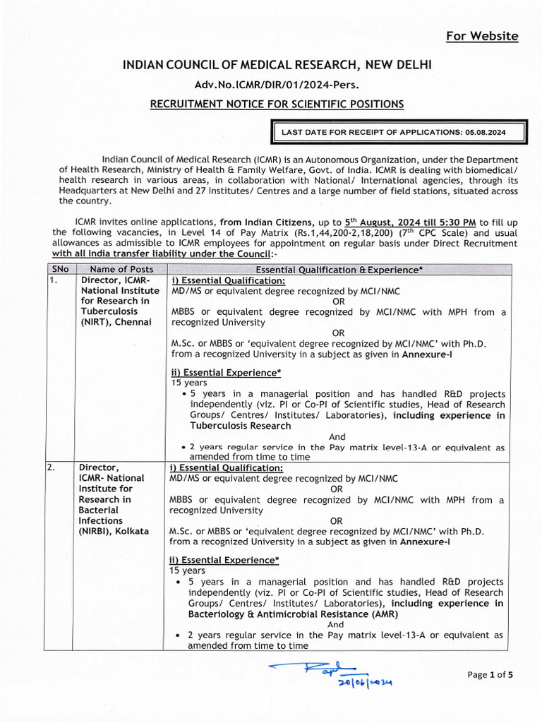 ICMR Recruitment for Director Positions | PDF | Doctor Of Medicine ...