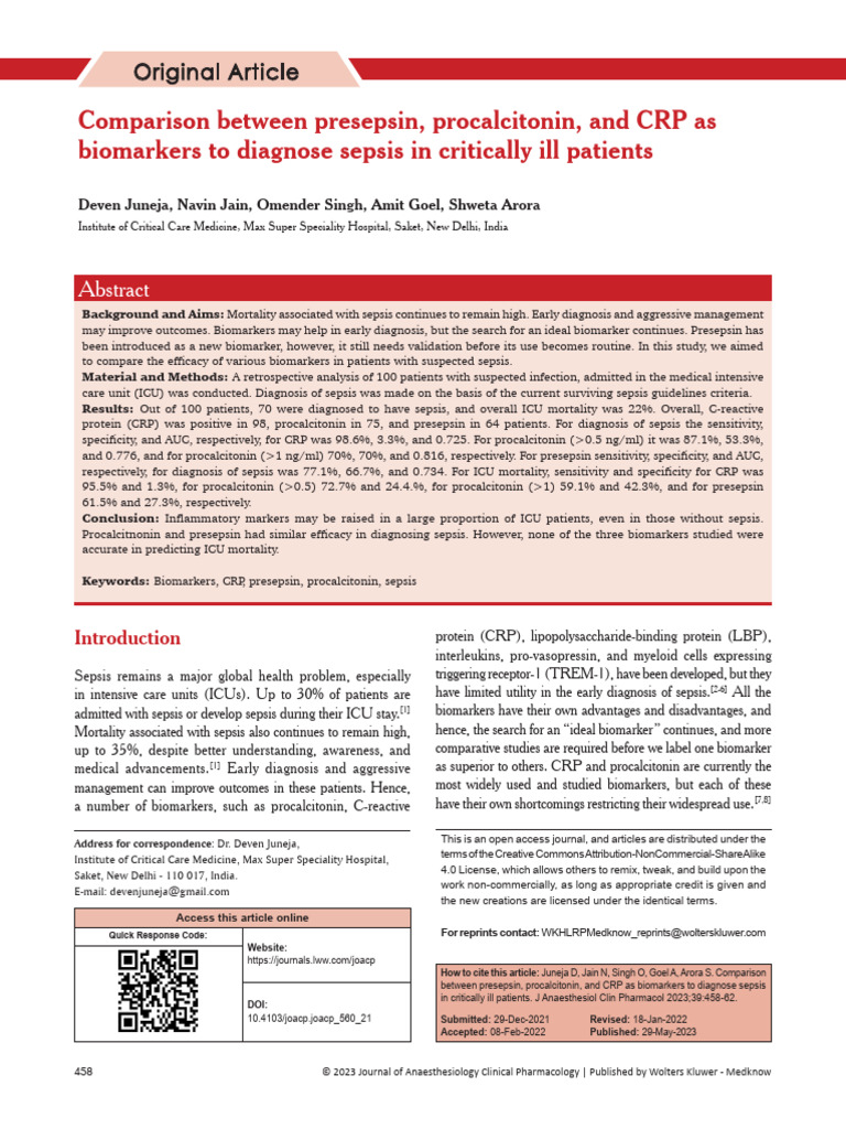 Comparison Between Presepsin Procalcitonin and CRP | PDF | Sepsis | C Reactive Protein
