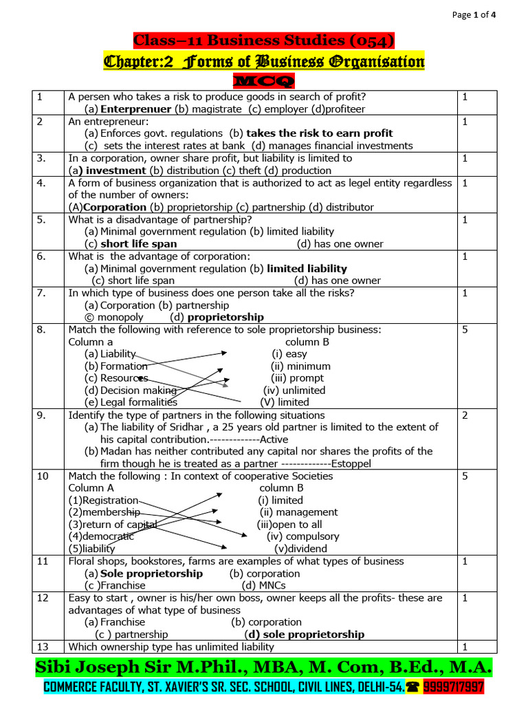 CH 2 Forms of Business Organisation MCQs by Sibi Sir | PDF ...