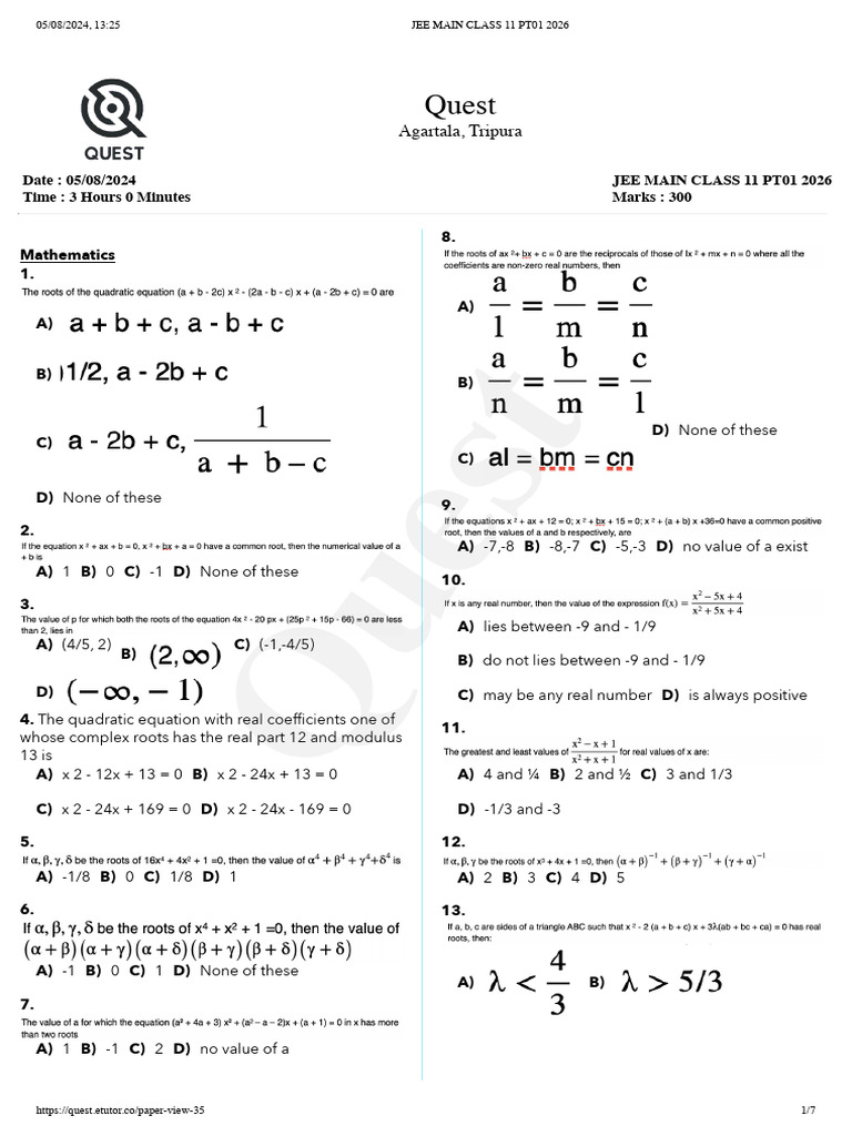Jee Main Class 11 PT01 2026 | PDF | Acceleration | Velocity