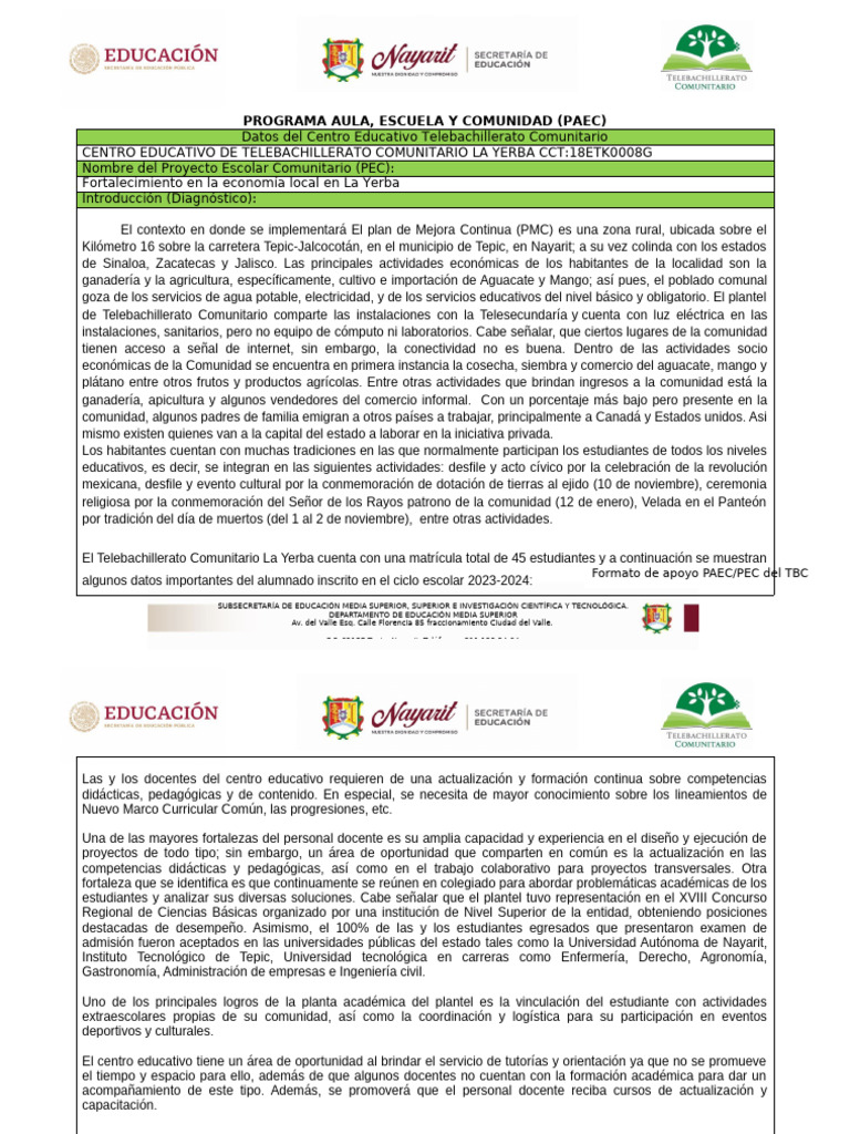 Fortalecimiento Económico en La Yerba | PDF | Escuelas | Educación ...