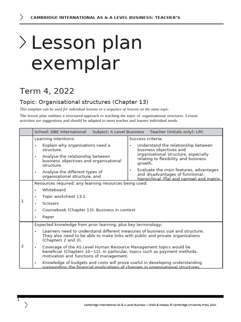 ASAL Business TR Lesson Plan Exemplar | PDF | Organizational Structure ...