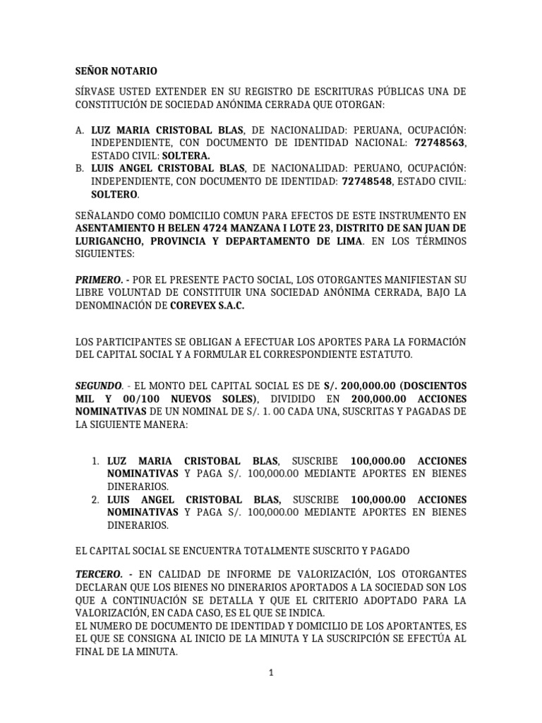 Minuta de Constitución Luz Maria Cristobal Blas y Luis Angel Cristobal ...
