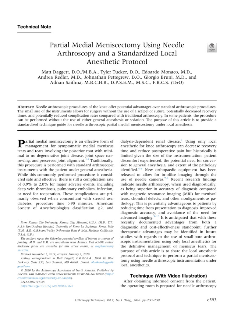 Partial Medial Meniscectomy Procedure | PDF | Knee | Anesthesia