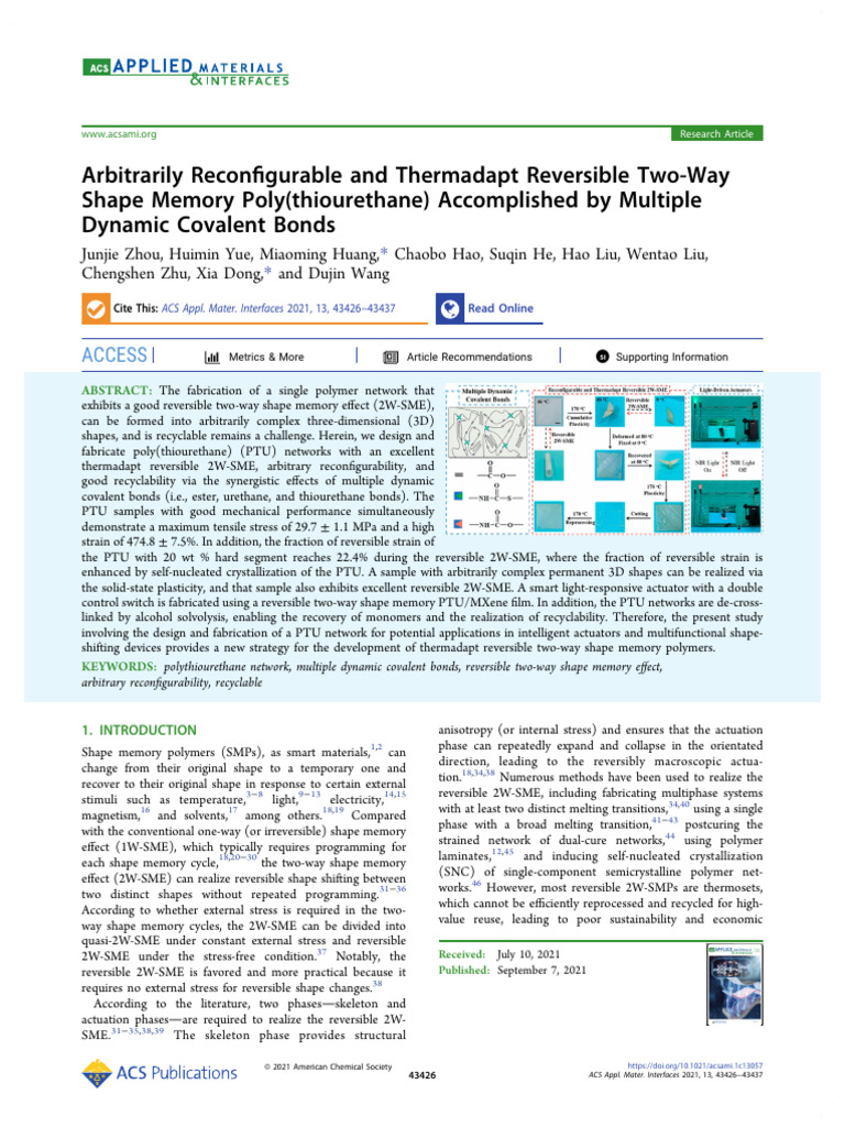 Zhou Et Al 2021 Arbitrarily Reconfigurable and Thermadapt Reversible Two Way Shape Memory Poly ...