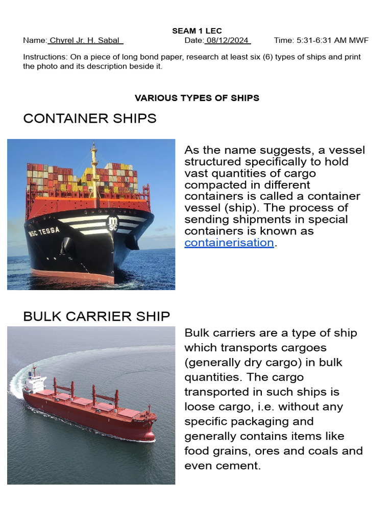 Seam 1 Lec Various Types of Ship | PDF | Cargo | Ships