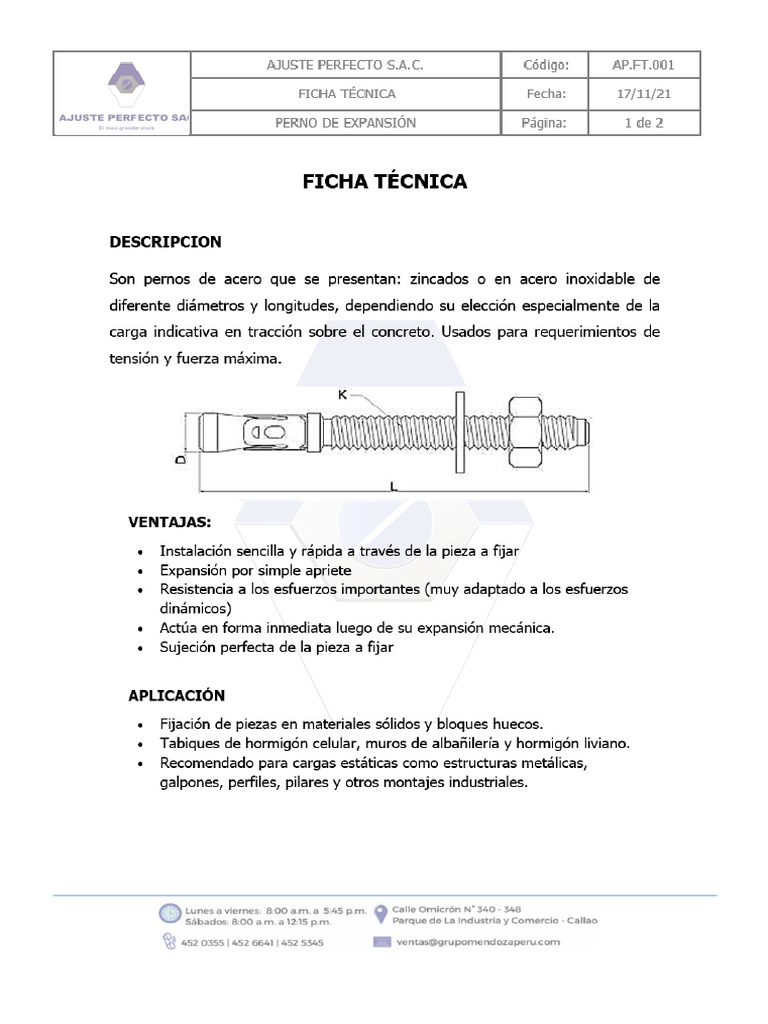 Ficha Tecnica Perno Expansion | PDF