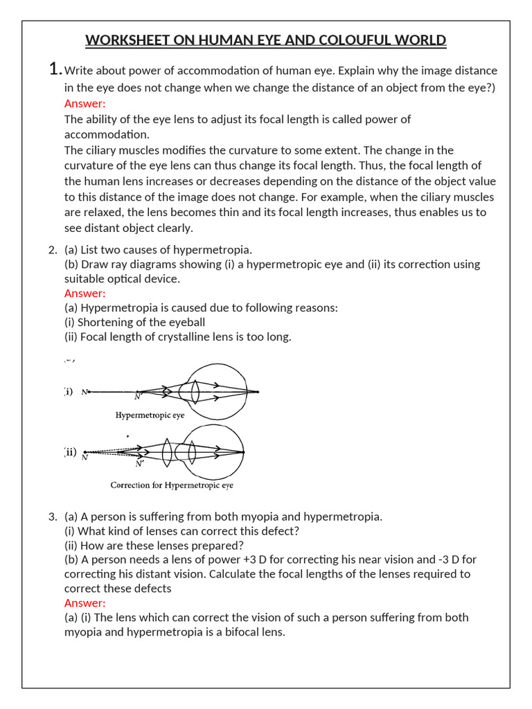 WORKSHEET ON HUMAN EYE AND COLOUFUL WORLD - Solution Copy - 1 | PDF ...
