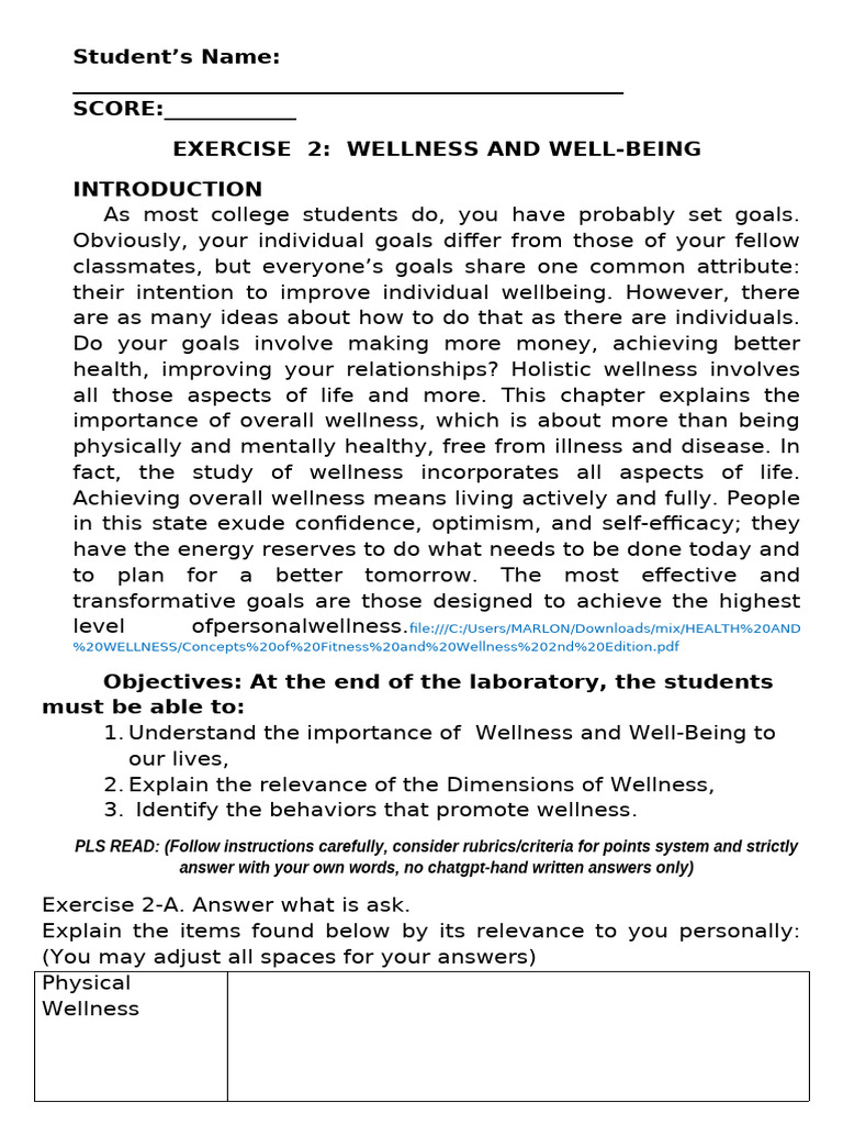 2nd Activity Wellness Well Being | PDF | Goal | Well Being