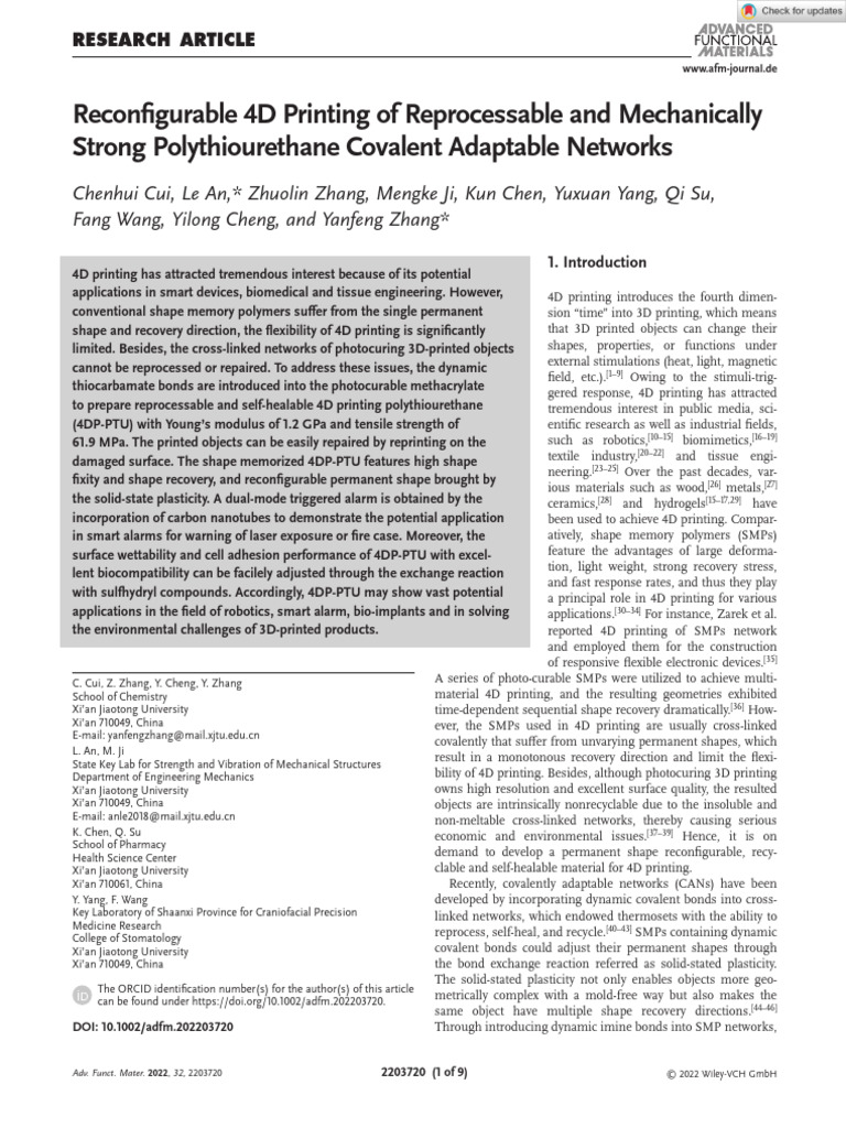 Adv Funct Materials - 2022 - Cui - Reconfigurable 4D Printing of Reprocessable and Mechanically ...