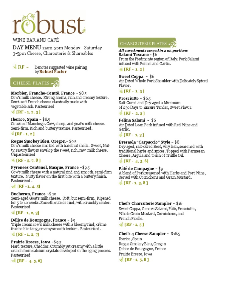 Robust Wine Bar Lunch Menu | PDF | Salad | Cheese