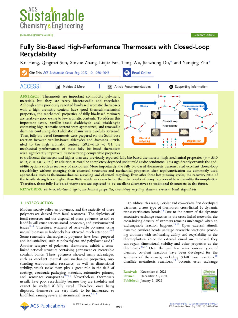 Hong Et Al 2022 Fully Bio Based High Performance Thermosets With Closed Loop Recyclability | PDF ...