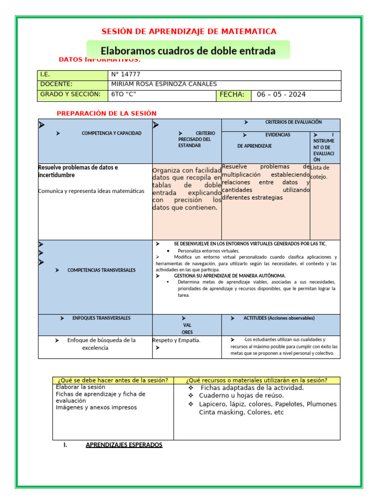 6 de Mayo Elaboramos Cuadros de Doble Entrada | PDF | Aprendizaje | Evaluación