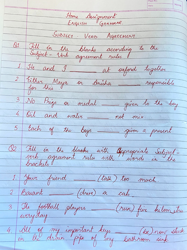 IX-English Grammar (Subject-Verb Agreement) HomeWork | PDF