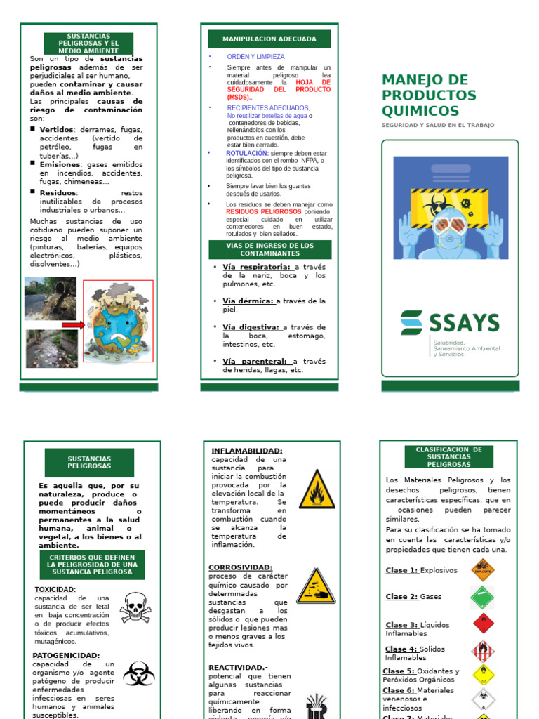 Triptico Ssays - Manejo de Productos Quimicos-Materiales Peligrosos | PDF | Sustancias químicas ...