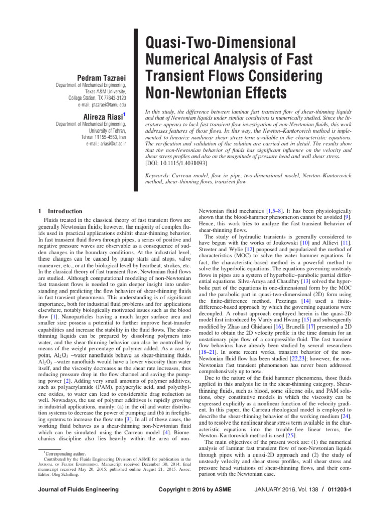 2016 - Tazraei - Quasi-Two-Dimensional Numerical Analysis of Fast Transient Flows Considering ...