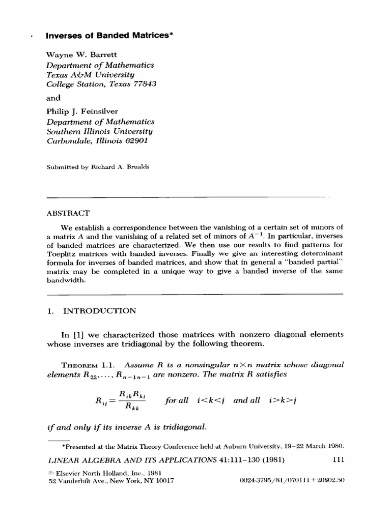 Inverse of Banded Matrices | PDF | Matrix (Mathematics) | Determinant