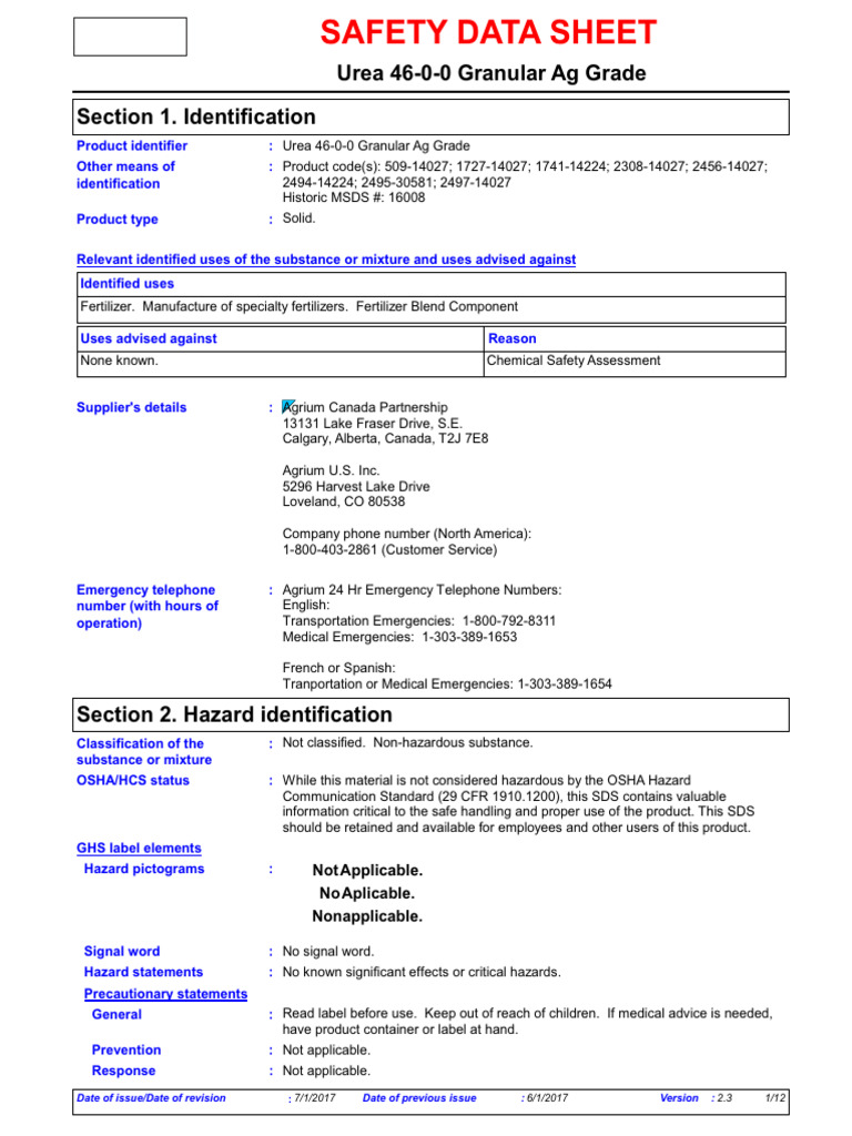 Urea 46-0-0 Granular Fertilizer SDS | PDF | Dangerous Goods ...