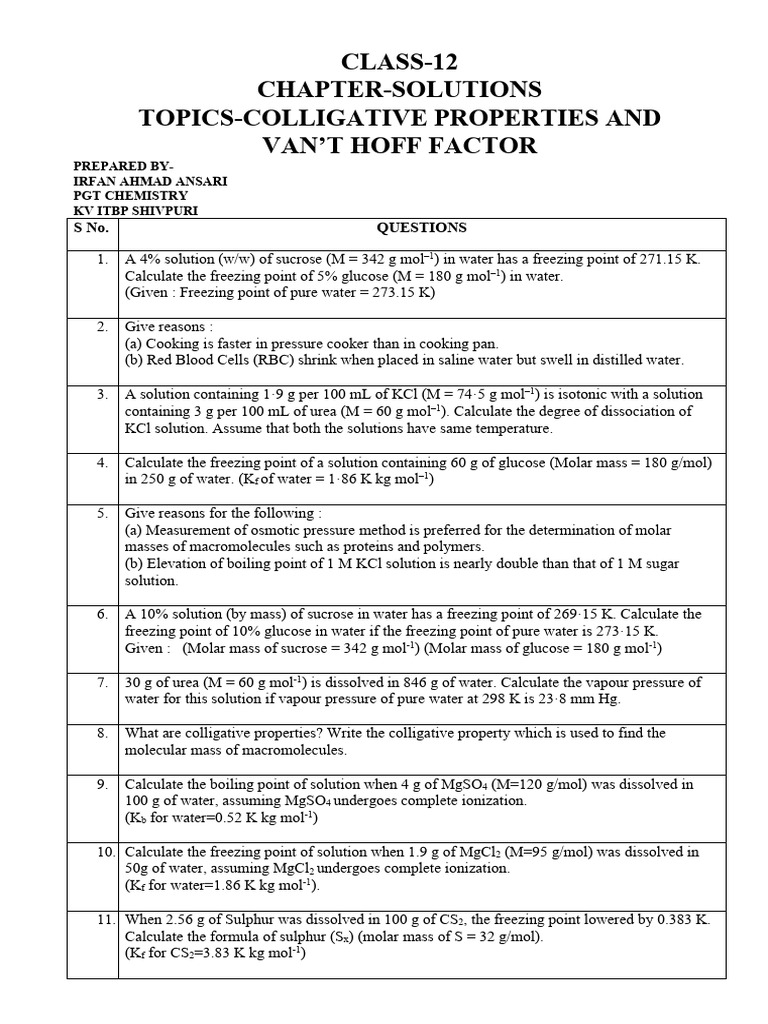 Questions of Colligative Properties and Van't Hoff Factor | PDF | Physical Quantities | Physical ...