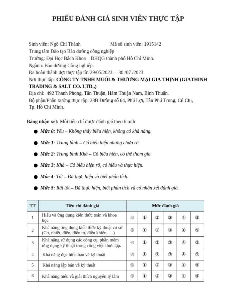 Mẫu đánh giá TTTN tại công ty - Đóng vào quyển TTTN.TTNT - BDCN | PDF