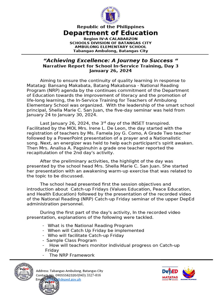 Narrative Report On INSET Day 3 - January 26 2024 | PDF | Learning ...