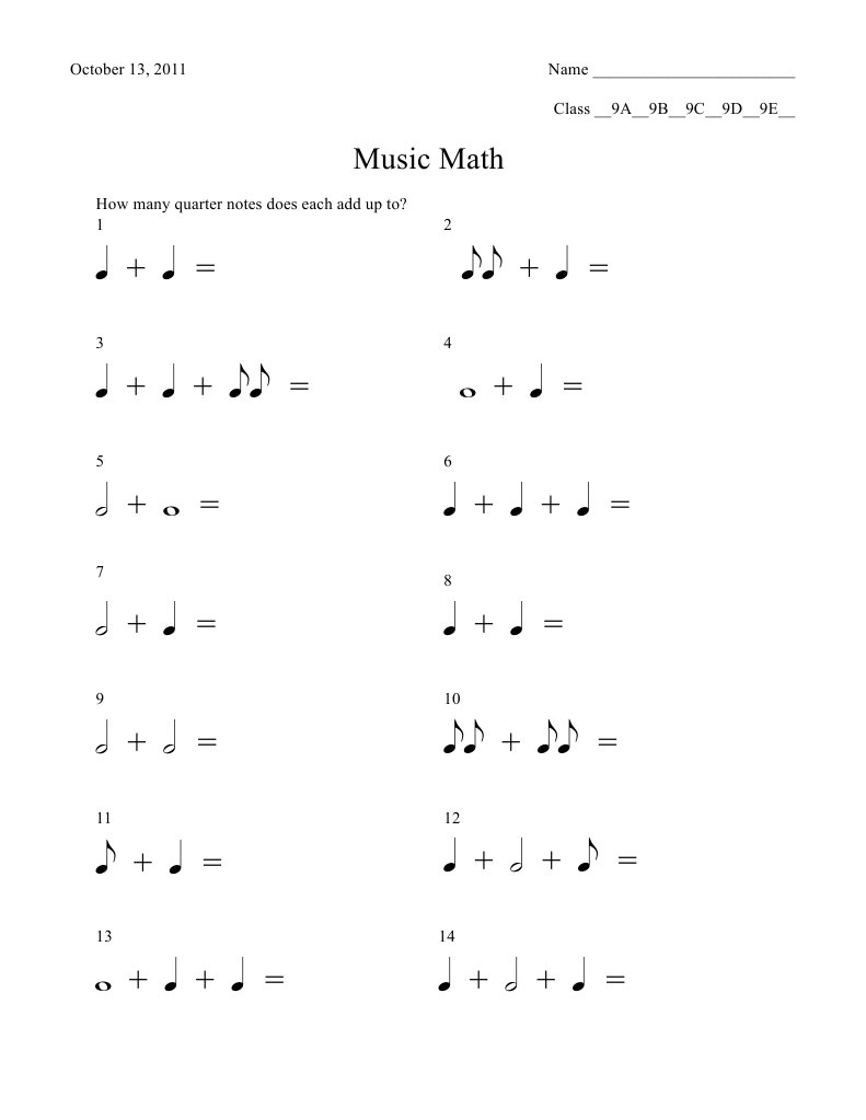 Music Math Worksheet for Class 9 | PDF