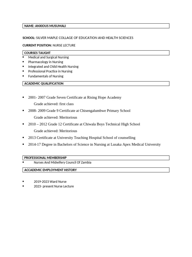 CV Musumali NMCZ | PDF | Science & Mathematics