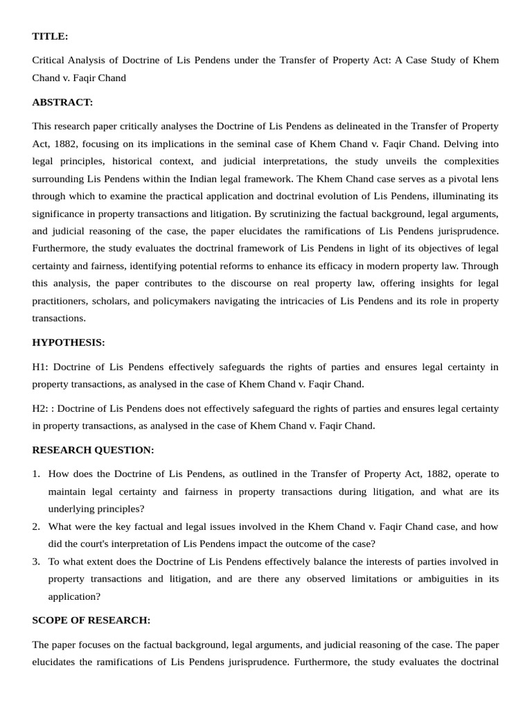 Lis Pendens in Khem Chand Case Analysis | PDF | Lawsuit | Property
