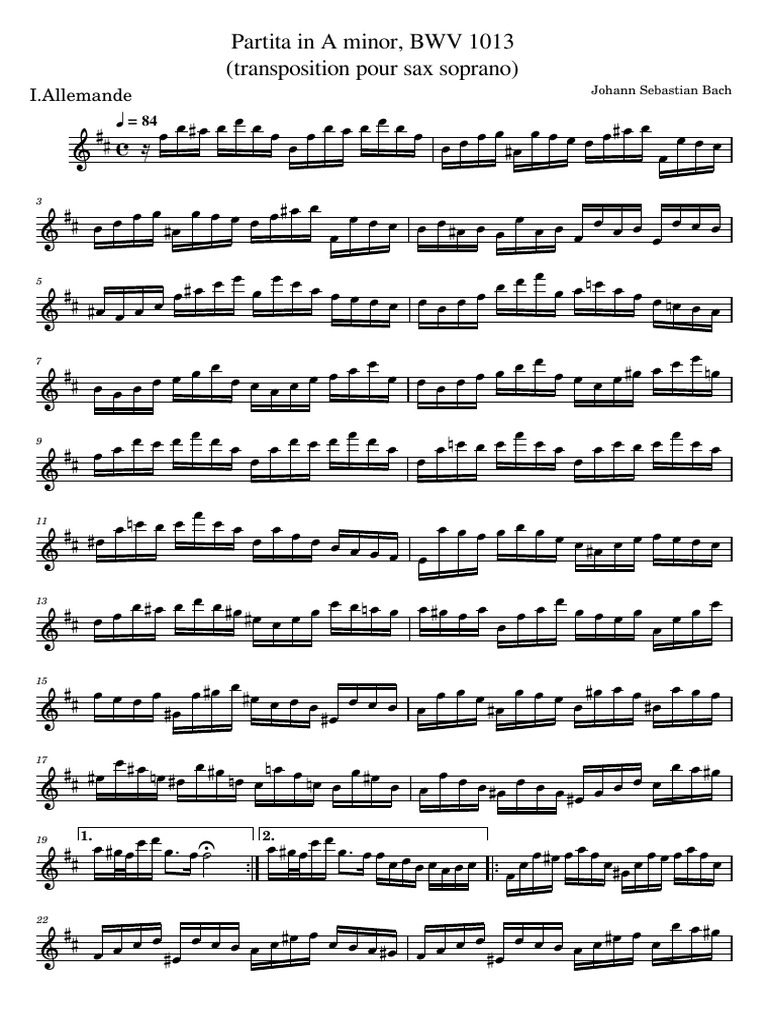 Partita in A Minor BWV 1013 Transposition Pour Sax Soprano - J.S. Bach ...