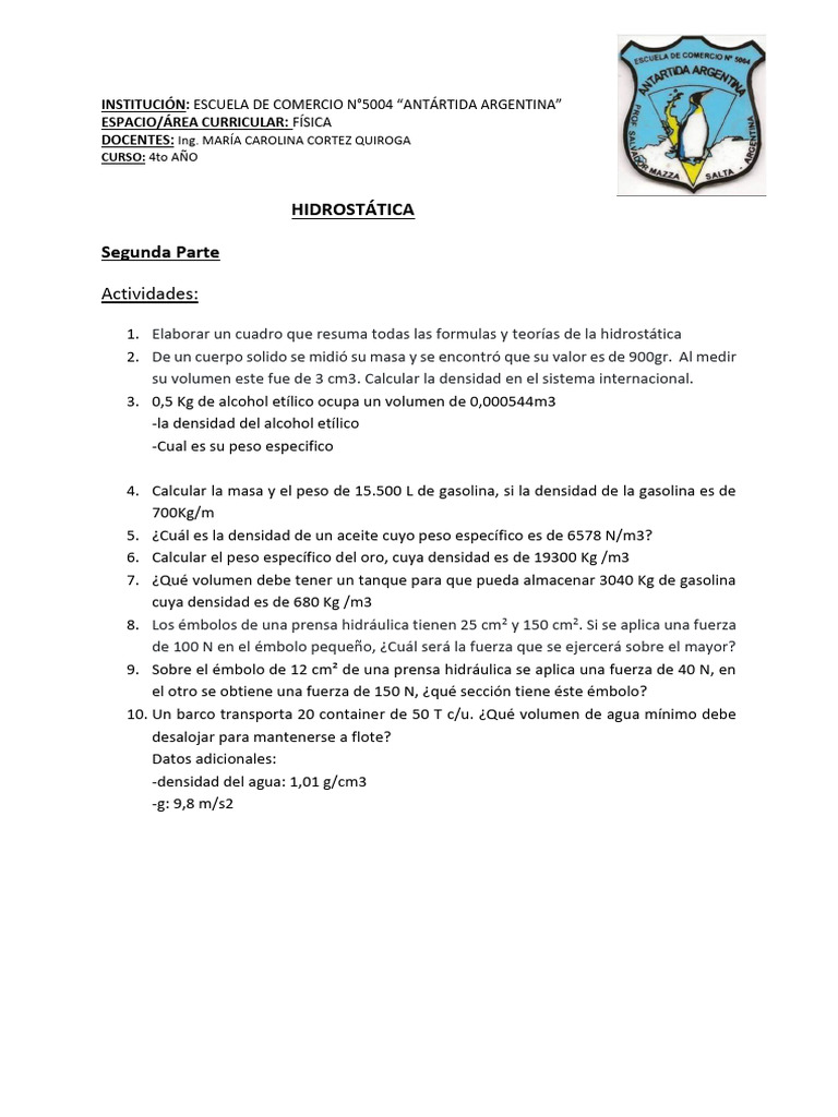 13.ejercicios Hidrostatica. Segunda Parte | PDF