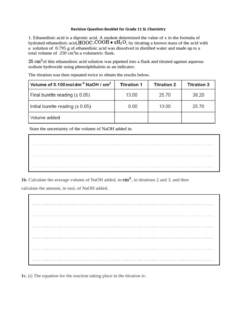 Grade 11 Sl Chemistry Revision Question Booklet Pdf Acid Sodium Hydroxide