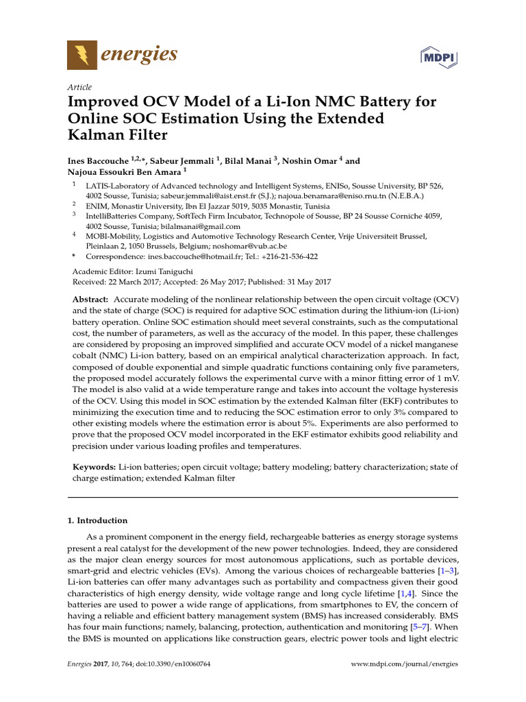 Improved OCV Model of A Li-Ion NMC Battery For Onl | PDF | Kalman Filter | Lithium Ion Battery