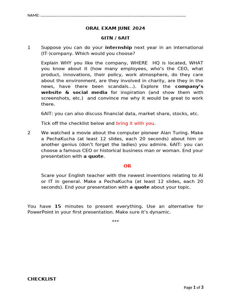 Oral Exam June 2024 6AIT 6ITN | PDF