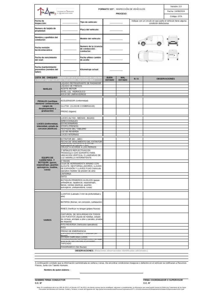 Gth-f-75 Formato Sst - Formato Inspeccion de Vehiculo 2.0 (1) | PDF ... Gth-f-75 Formato Sst - Formato Inspeccion de Vehiculo 2.0 (1) | PDF ...