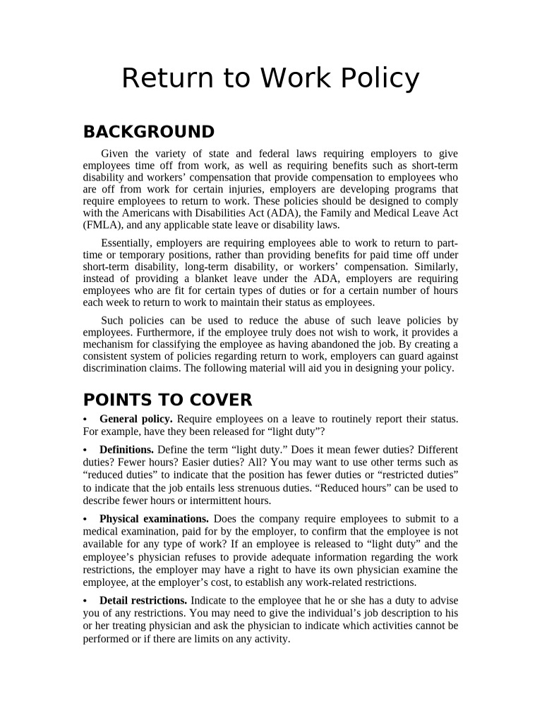 Return to Work Policy 2 | PDF | Employment | Family And Medical Leave ...