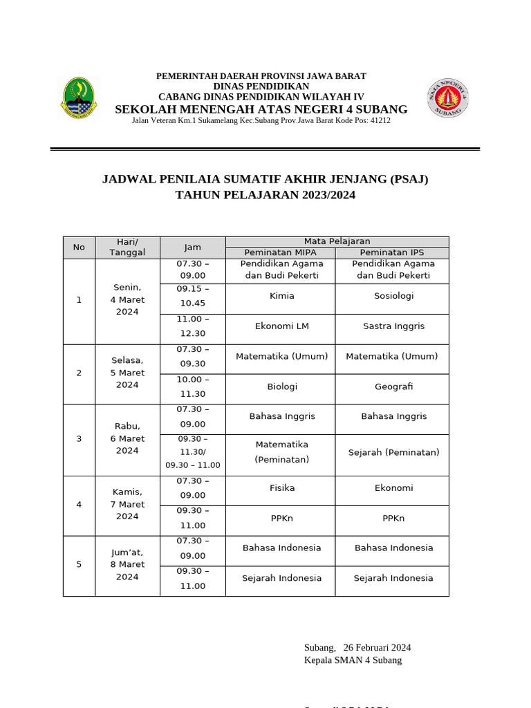 Jadwal Psaj 2024 | PDF