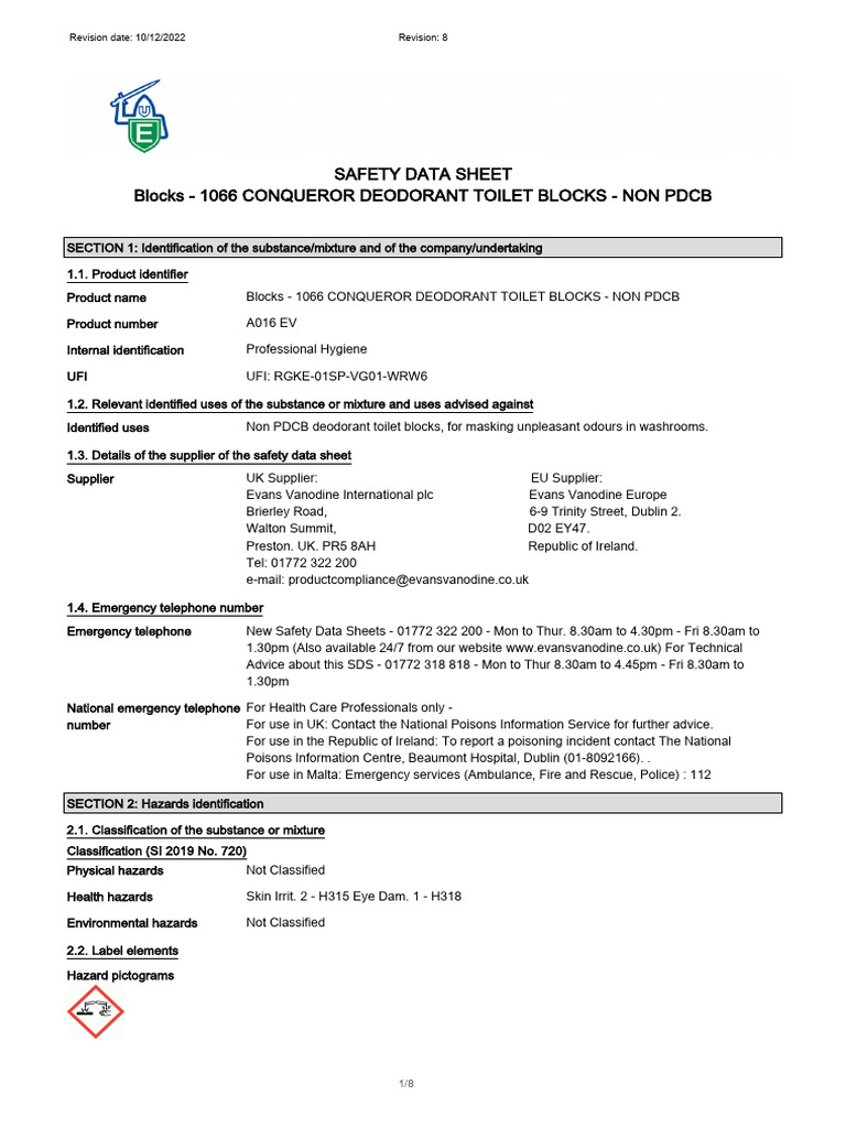 SDS - Toilet Deodorant Block | PDF | Safety | Working Conditions