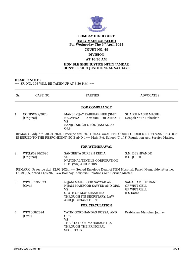 Causelist | PDF | Legal Procedure | Judiciaries