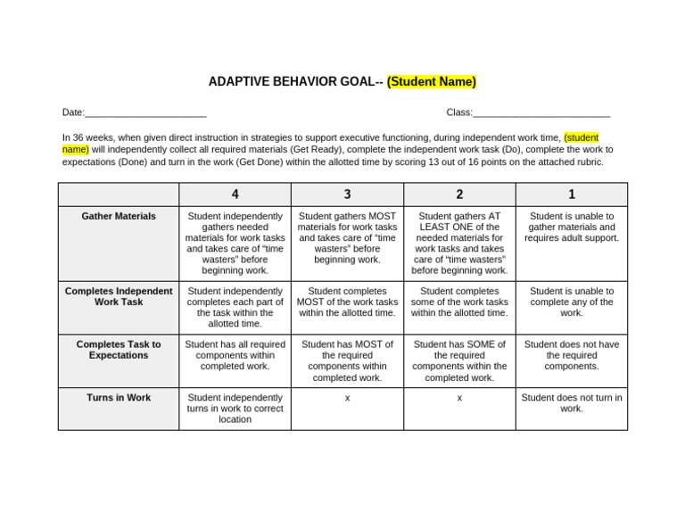 Executive Functioning Goal Plan | PDF | Behavioural Sciences | Psychology